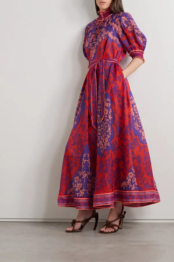Zimmermann Raie Swing Belted Printed Ramie Maxi Dress