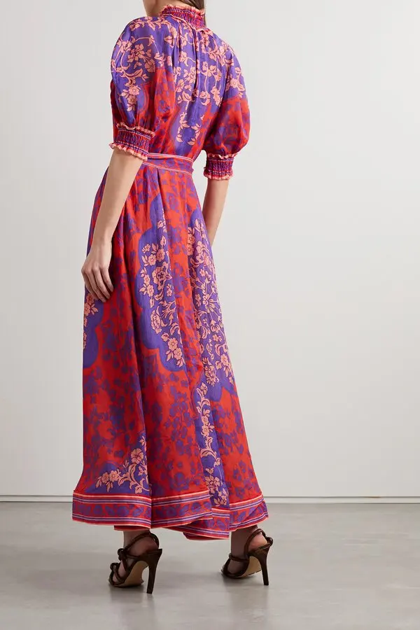 Zimmermann Raie Swing Belted Printed Ramie Maxi Dress
