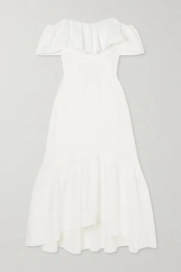 Reformation Net Sustain Baela Off-The-Shoulder Ruffled Tiered Linen Midi  Dress In White - 50% Off | Editorialist