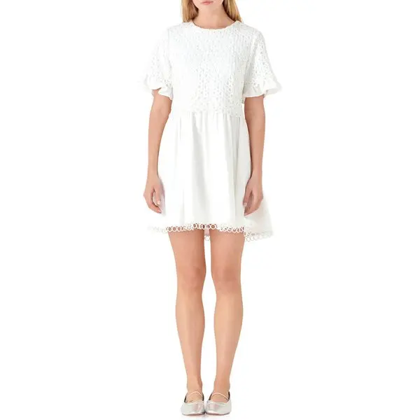English Factory Mixed Media Circle Trim Dress - White