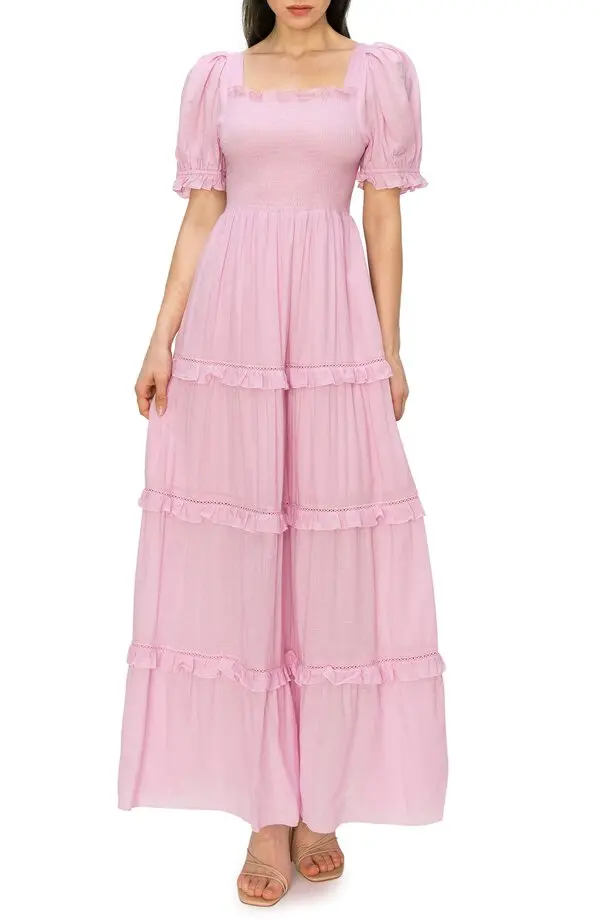 strapless open back dress Baby Pink Maxi Dress – Cotton Poplin Puff Sleeve Dress for Women – ANAHIV main image 1