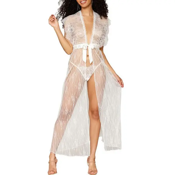 DREAMGIRL Lace Robe & G-string Thong - White