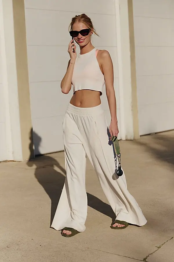 Free People Ribbed Knit Tank And Wide-leg Pants Set - Ivory