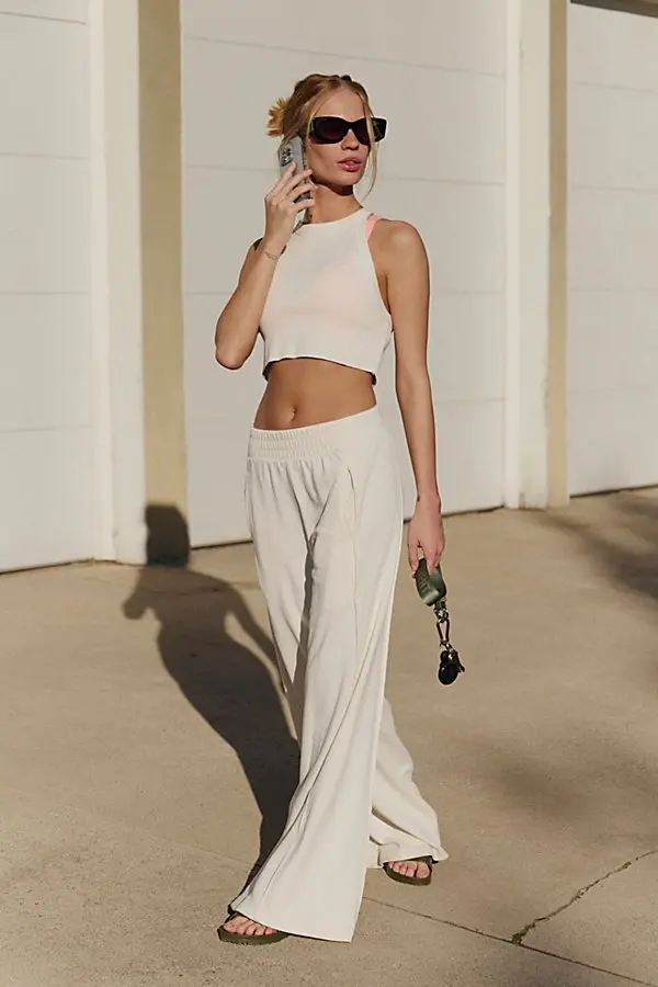 Free People Ribbed Knit Tank And Wide-leg Pants Set - Ivory