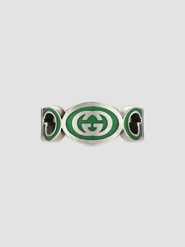 Gucci Sterling Silver Interlocking Gg Logo Ring - Silver Green