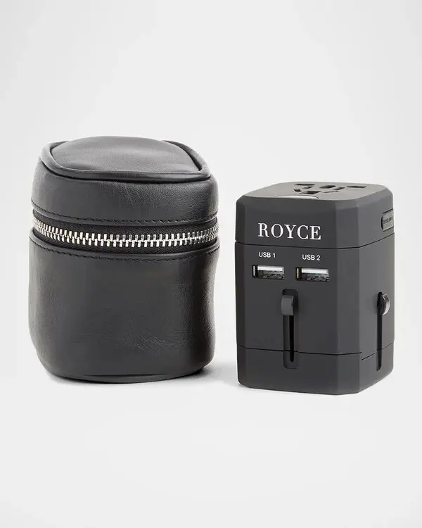 ROYCE NEW YORK International Travel Adapter & Monogrammed Leather Case Set - Black