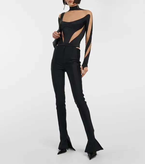 MUGLER Mesh-trimmed Bodysuit - Black