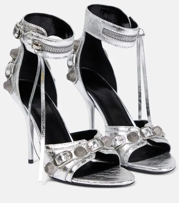 Balenciaga Cagole Embellished Leather Sandals - Silver