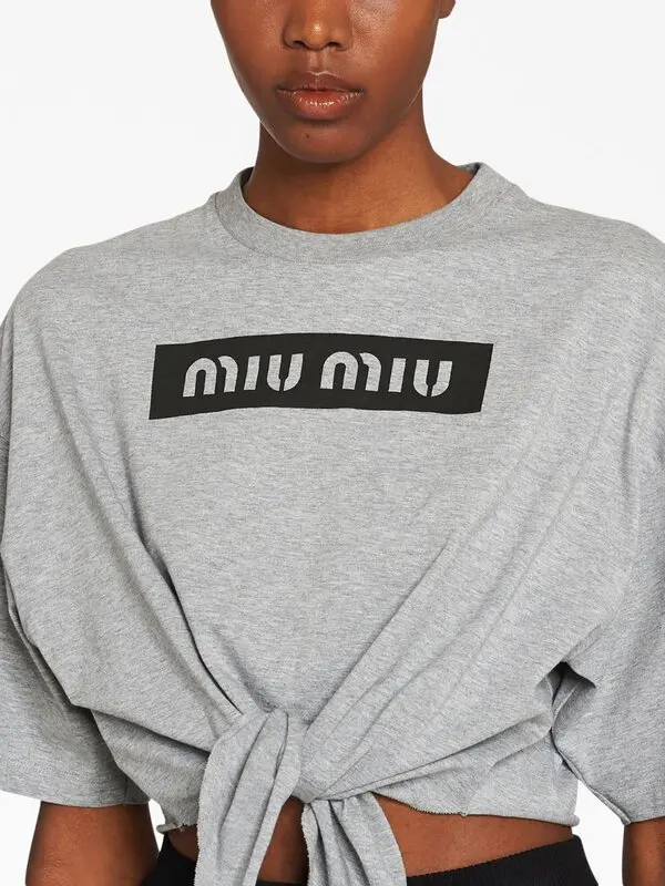 Miu Miu Logo-Print Cropped Cotton T-Shirt - Grey | Editorialist