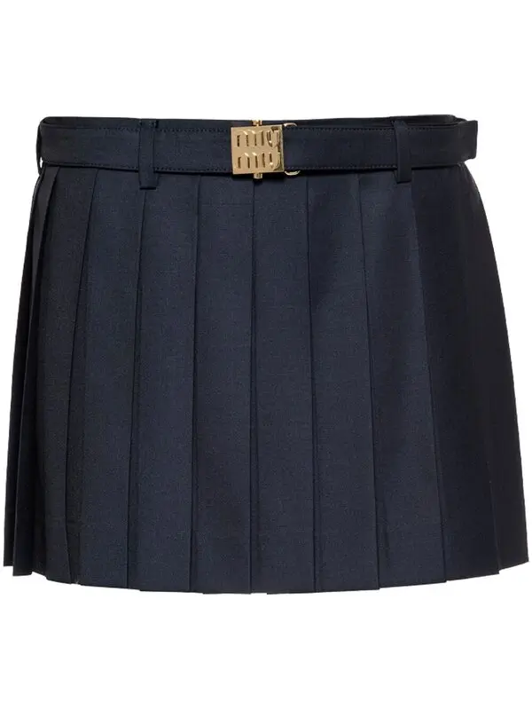 Miu Miu Batavia Pleated Wool Mini Skirt - Blue | Editorialist