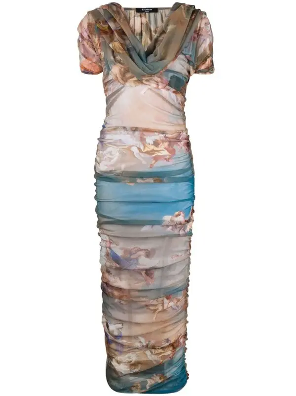 Balmain Sky-print Tulle Maxi Dress