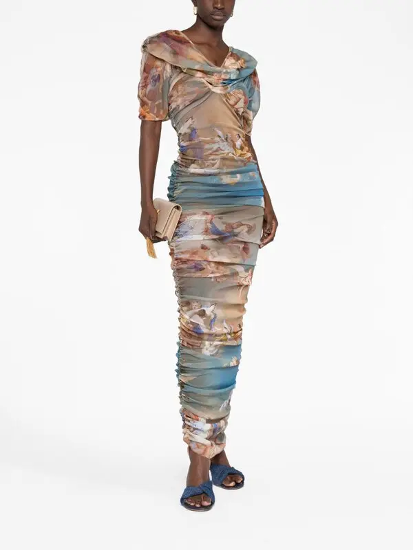 Balmain Sky-print Tulle Maxi Dress
