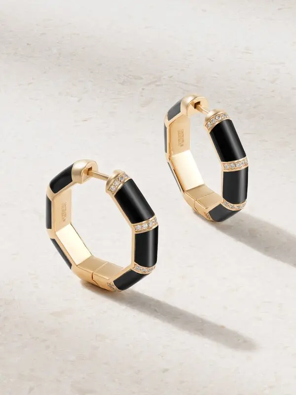 L’ATELIER NAWBAR Bamboo 18-karat Onyx And Diamond Hoop Earrings - Gold