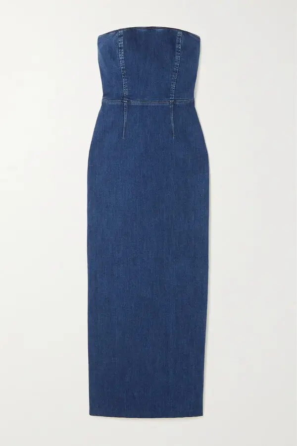 Reformation Net Sustain Eugenia Strapless Organic Denim Midi Dress In Blue  - 50% Off | Editorialist