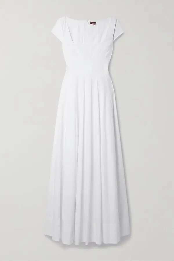 Staud Wells Pleated Stretch-cotton Poplin Maxi Dress