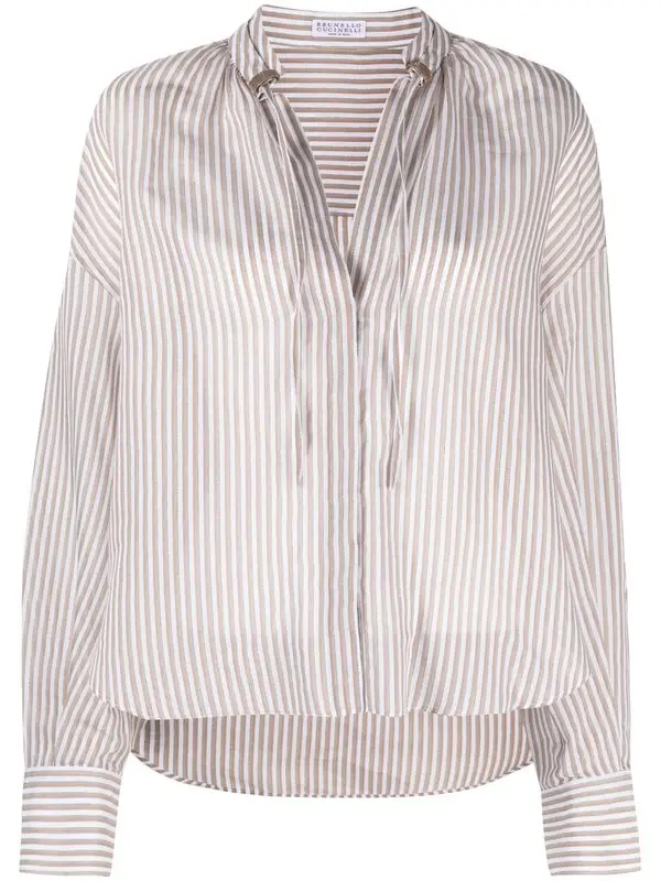 Brunello Cucinelli Split-neck Striped Blouse