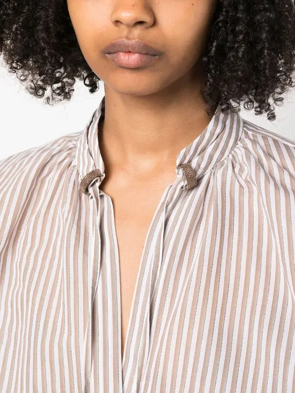 Brunello Cucinelli Split-neck Striped Blouse