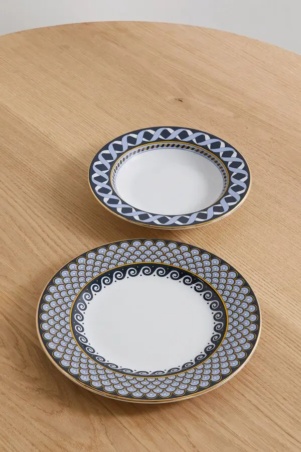La DoubleJ Set Of Two Gold-plated Porcelain Soup And Dinner Plates - Blue
