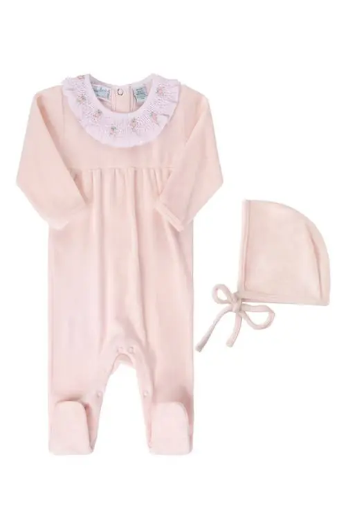 FELTMAN BROTHERS Smocked Collar Velour Footie & Bonnet Set - Pink