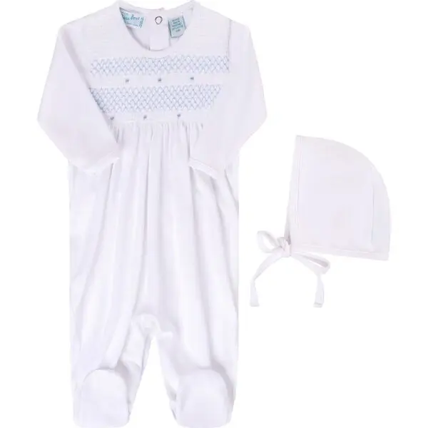 FELTMAN BROTHERS Smocked Cotton Footie & Bonnet Set - Blue