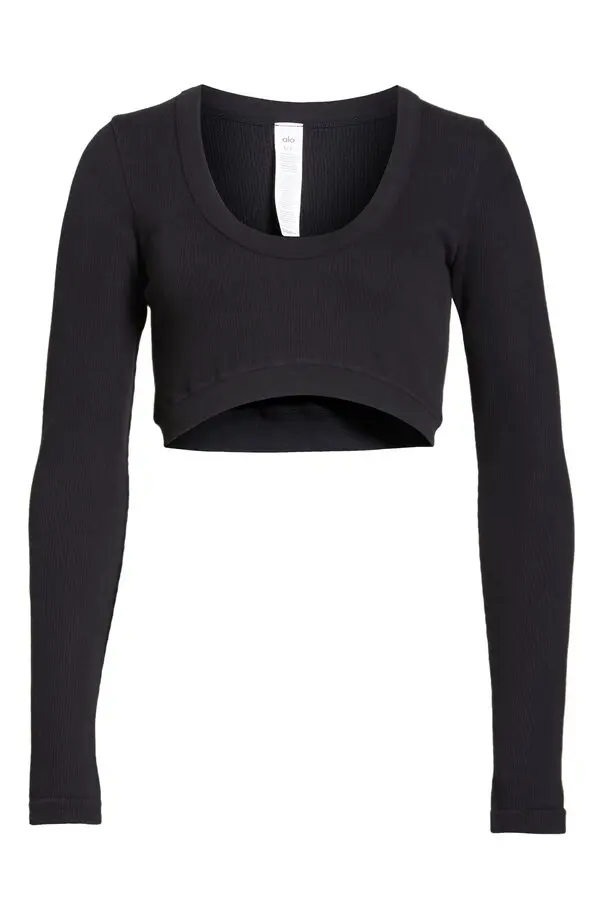 Alo Yoga Long Sleeve Rib Crop Top - Black | Editorialist