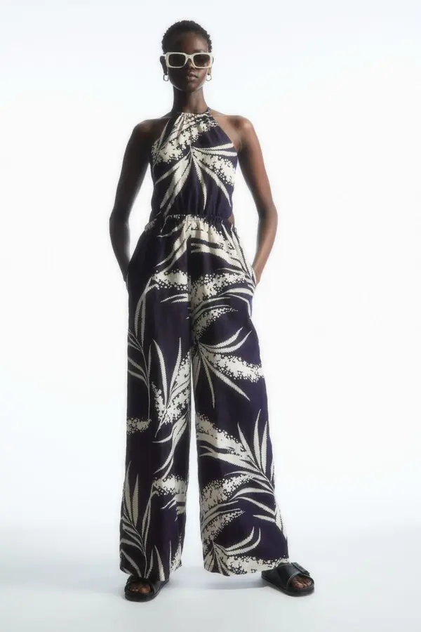 Cos Open-back Floral-print Linen Jumpsuit