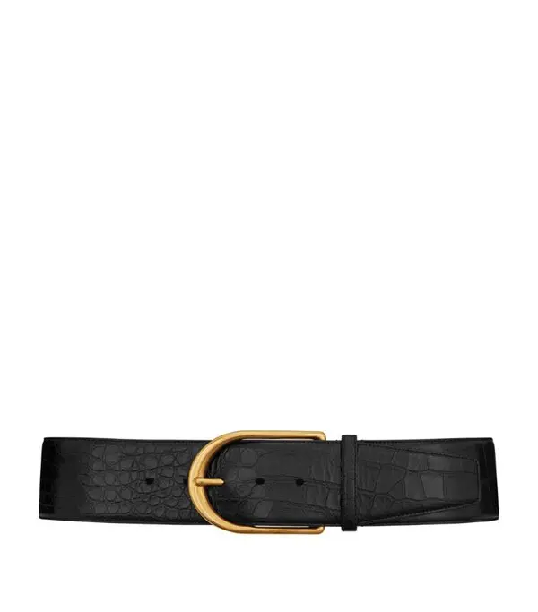 Saint Laurent Leather Croc-Embossed Belt - Black | Editorialist display picture 3