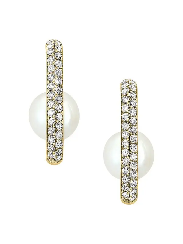 Saks Fifth Avenue Collection 14k Yellow Freshwater Pearl & 0.61 Tcw Diamond Oval Hoop Earrings - Gold