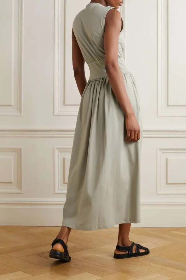 Toteme Pleated Organic Cotton-Jersey Midi Dress - Sage Green | Editorialist