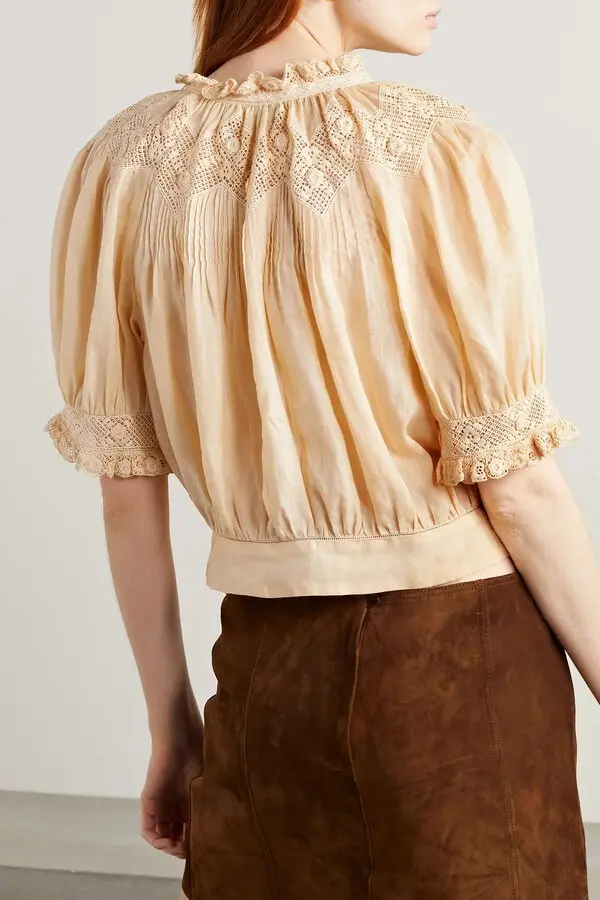 DôEn Agatha Crochet-Trimmed Pintucked Ramie Top - Peach | Editorialist