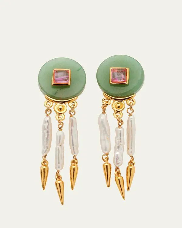 BEN-AMUN Pearl, Aventurine, And Crystal Clip-on Earrings - Gold