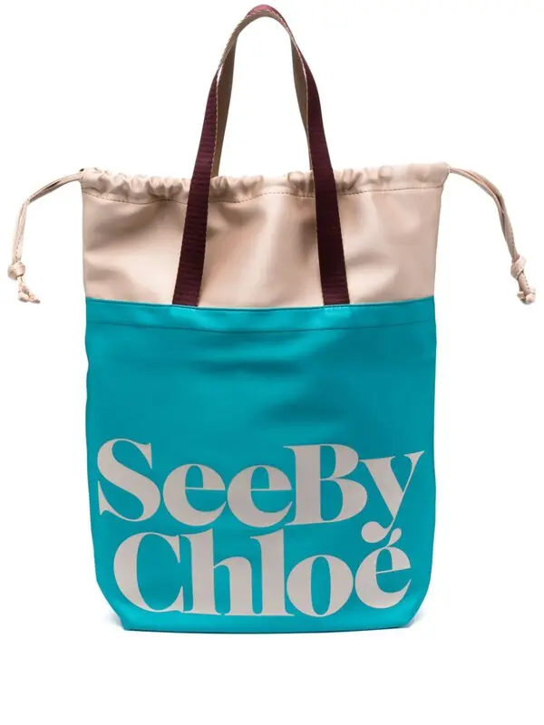 See By Chloé Small Essential Logo-Print Tote Bag - Blue | Editorialist