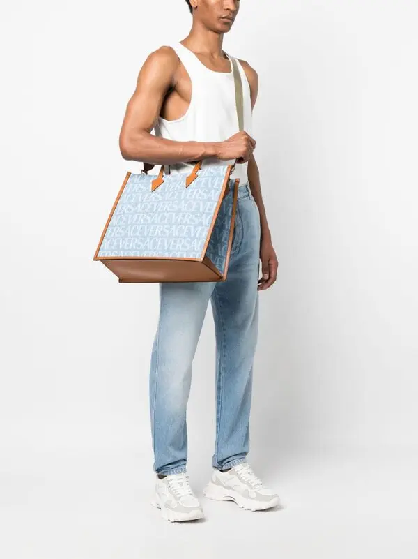 Versace Allover Logo Denim Tote Bag - Blue