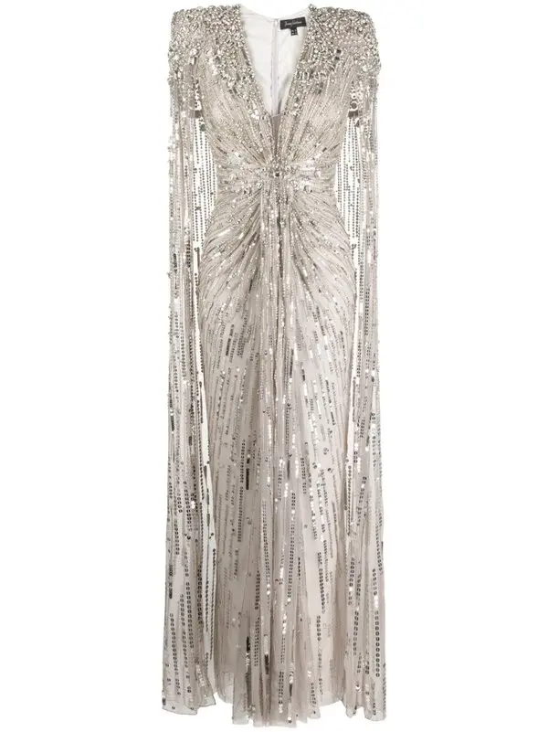 Jenny Packham Lotus Lady Embellished Cape Gown - Grey