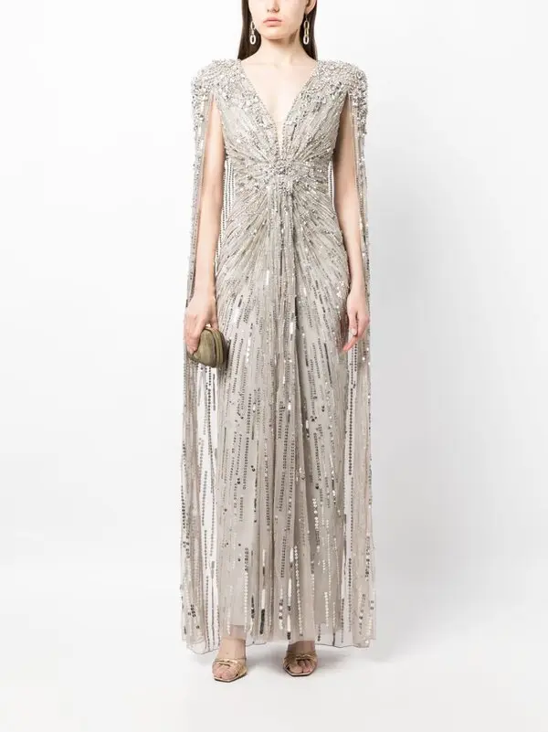 Jenny Packham Lotus Lady Embellished Cape Gown - Grey