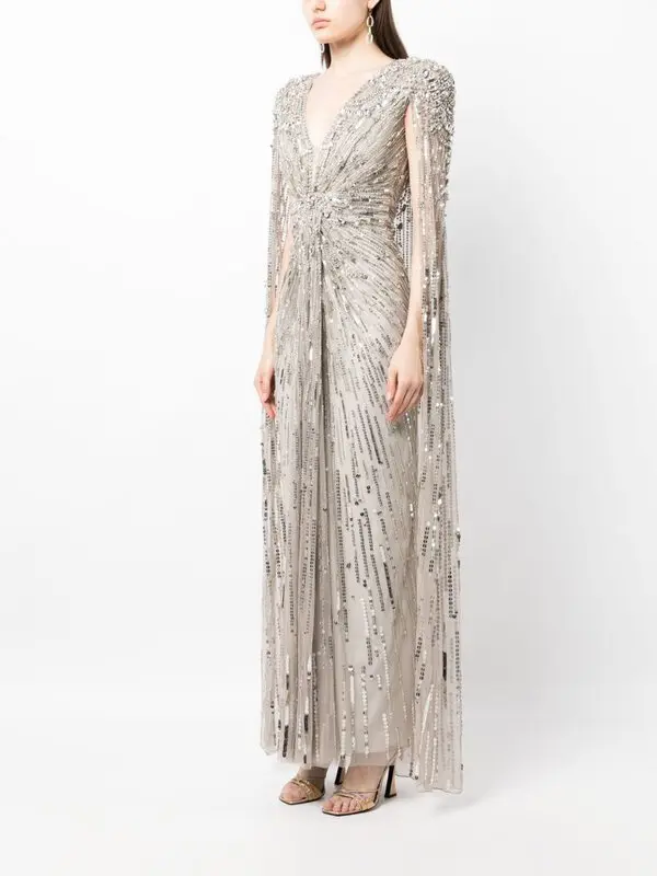 Jenny Packham Lotus Lady Embellished Cape Gown - Grey