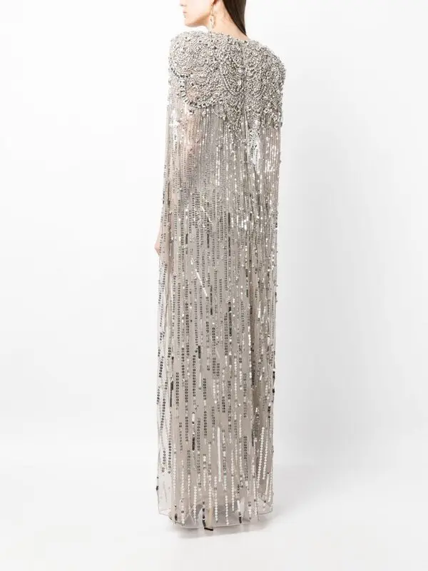 Jenny Packham Lotus Lady Embellished Cape Gown - Grey