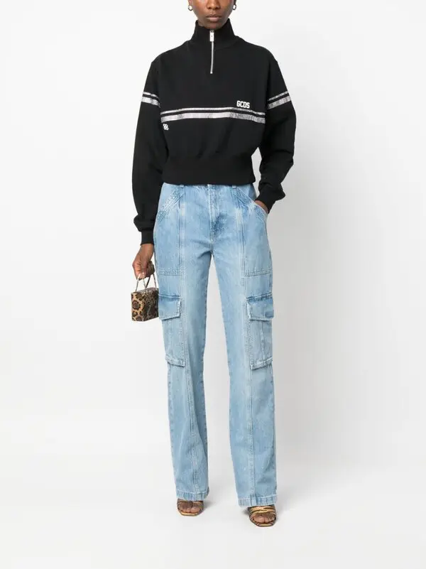 Gcds Rhinestone-embellished Cropped Sweatshirt - Black