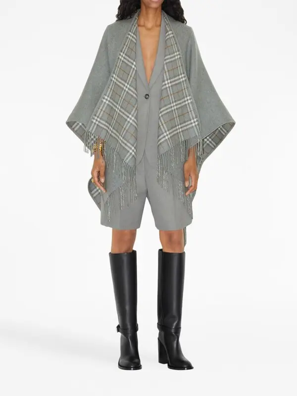 Burberry Reversible Check Wool Cape With Fringe Detail - Grey
