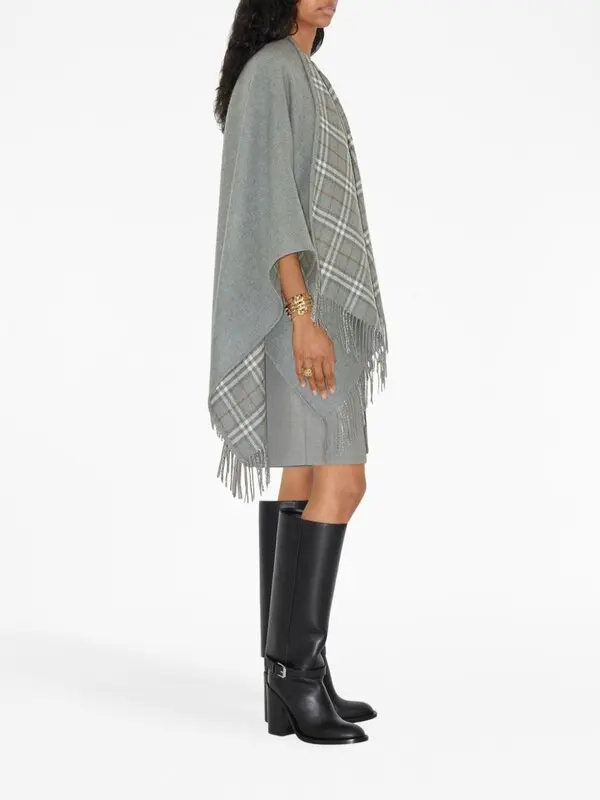 Burberry Reversible Check Wool Cape With Fringe Detail - Grey