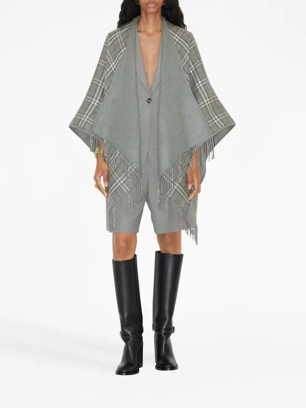 Burberry Reversible Check Wool Cape With Fringe Detail - Grey