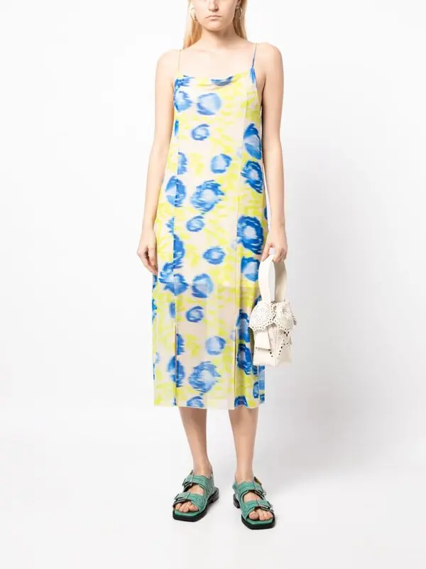 GANNI Printed Mesh Slip Midi Dress