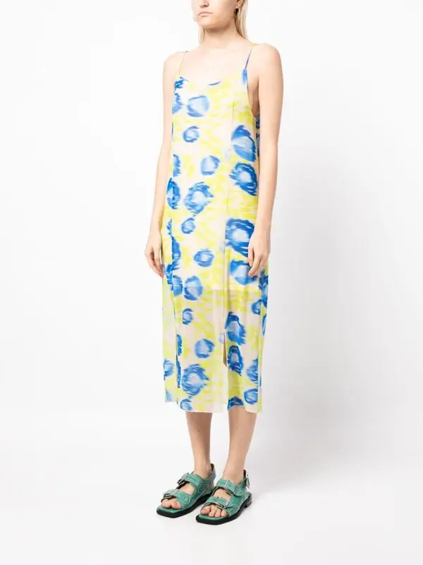 GANNI Printed Mesh Slip Midi Dress