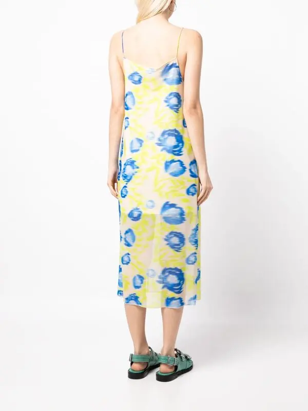 GANNI Printed Mesh Slip Midi Dress
