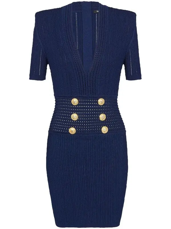 Balmain V-neck Ribbed Knit Dress - Blue