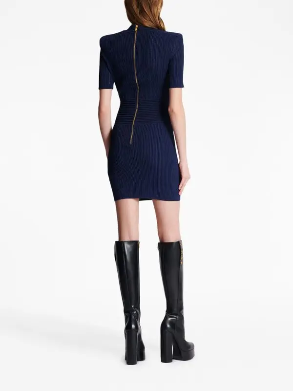 Balmain V-neck Ribbed Knit Dress - Blue