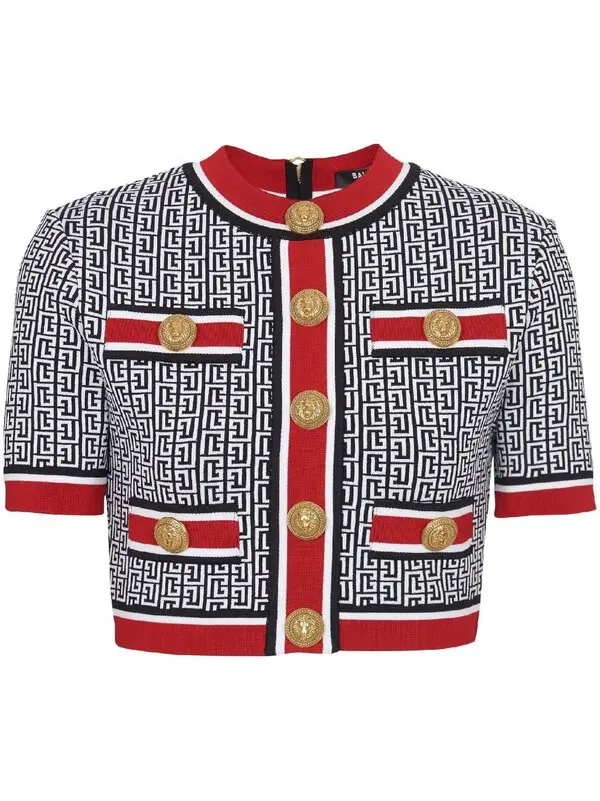 Balmain Monogram Jacquard Knit Crop Top - Blue