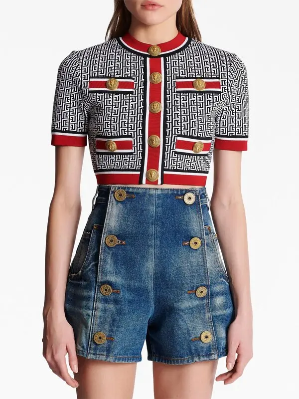 Balmain Monogram Jacquard Knit Crop Top