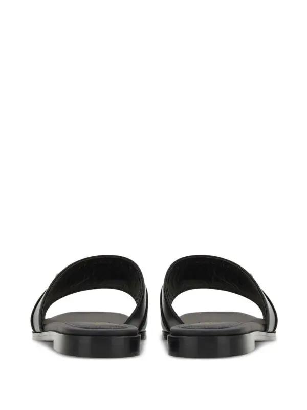 FERRAGAMO Gancini Plaque Leather Slides - Black