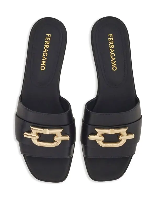 FERRAGAMO Gancini Plaque Leather Slides - Black